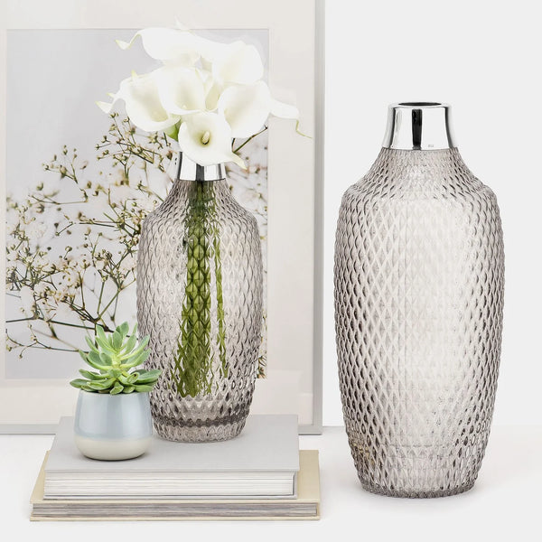 Grey Glass Vase GREIA, With Silver Plated Decoration and Diamond cut ...