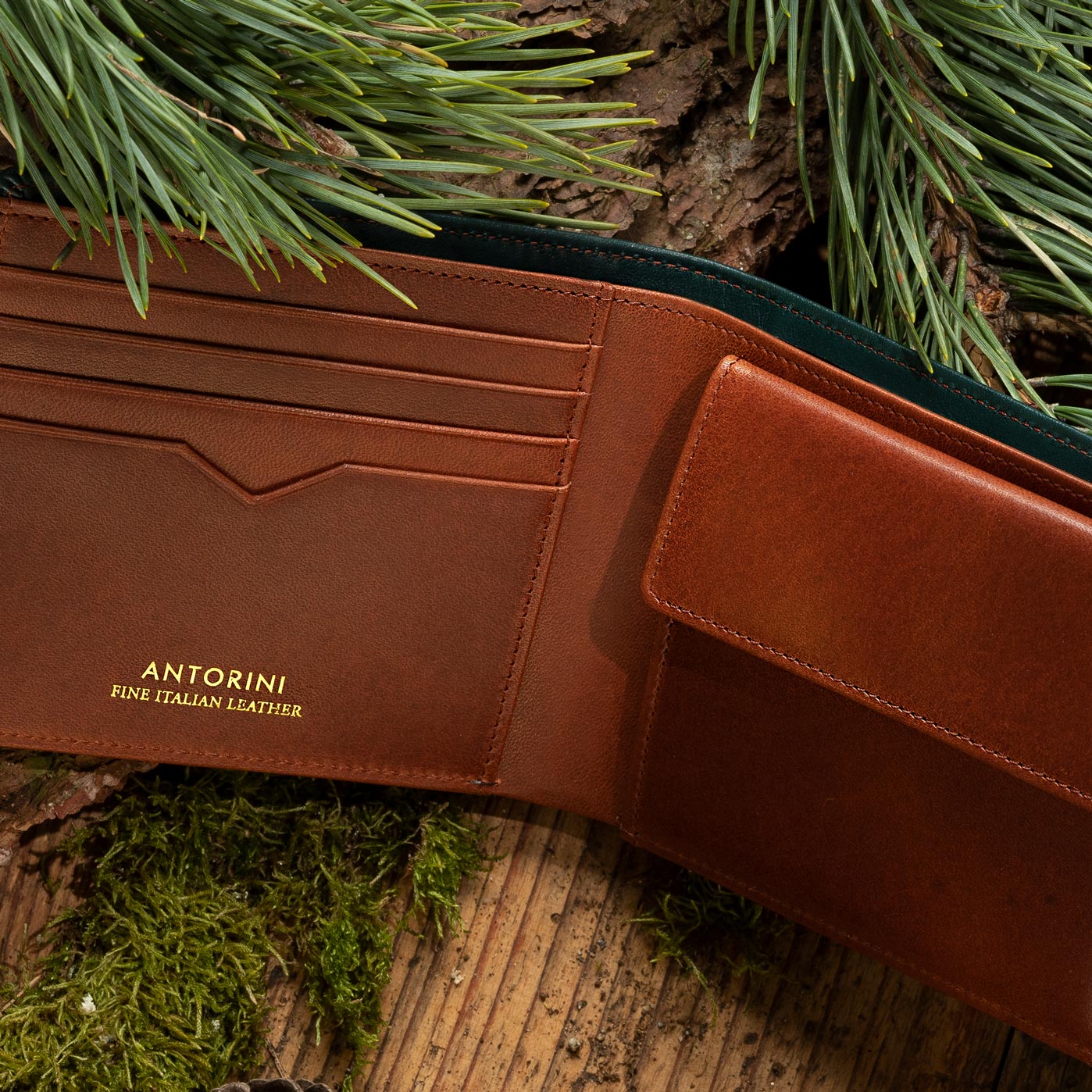 Men's leather wallet ANTORINI Nature Collection, Green Cognac, 4cc ...
